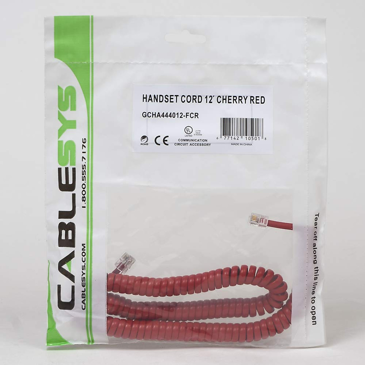 Cablesys Coiled Telephone Handset Cord for Use with PBX Phone Systems, VoIP Telephones - 12 Ft Uncoiled, Rj22, 1.5 Inch Lead on Both Ends, Cherry Red