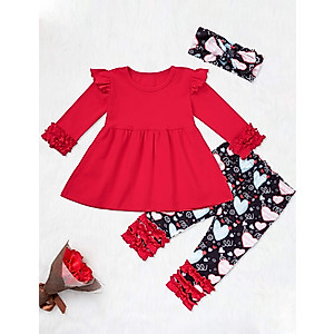 AGAPENG Toddler Girl Valentine's Day Baby Clothes Ruffle Long Sleeves Heart Pants 3Pcs Baby Girl Outfits 2 3 T Red