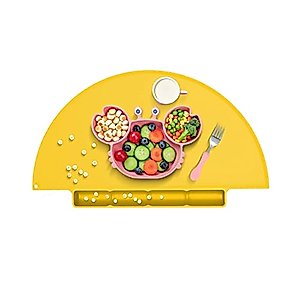 Food Catching Baby Placemat with Suction, Kids Portable Placemats for Dining Table, Premium Silicone toddler baby eating mat, Dishwasher Safe, Easy to Storage and Carry (Yellow)