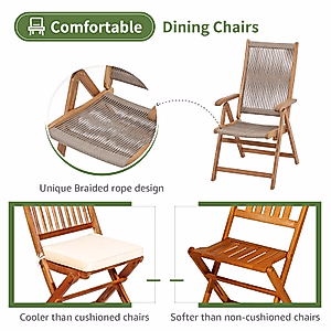 OC Orange-Casual Folding Patio Dining Chair Set of 4, Outdoor Acacia Wooden Rope Reclining Chair w/Armrest, FSC Certified Wood, for Porch, Backyard, Garden, Indoor, Beige