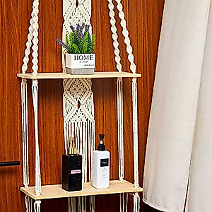 Macrame Wall Hanging Shelf, 2 Tier Boho Wall Shelves with Handmade Woven Rope, White Hanging Wall Shelf Bedroom Decor Wooden Hanging Storage Floating Shelves for Kitchen Living Room