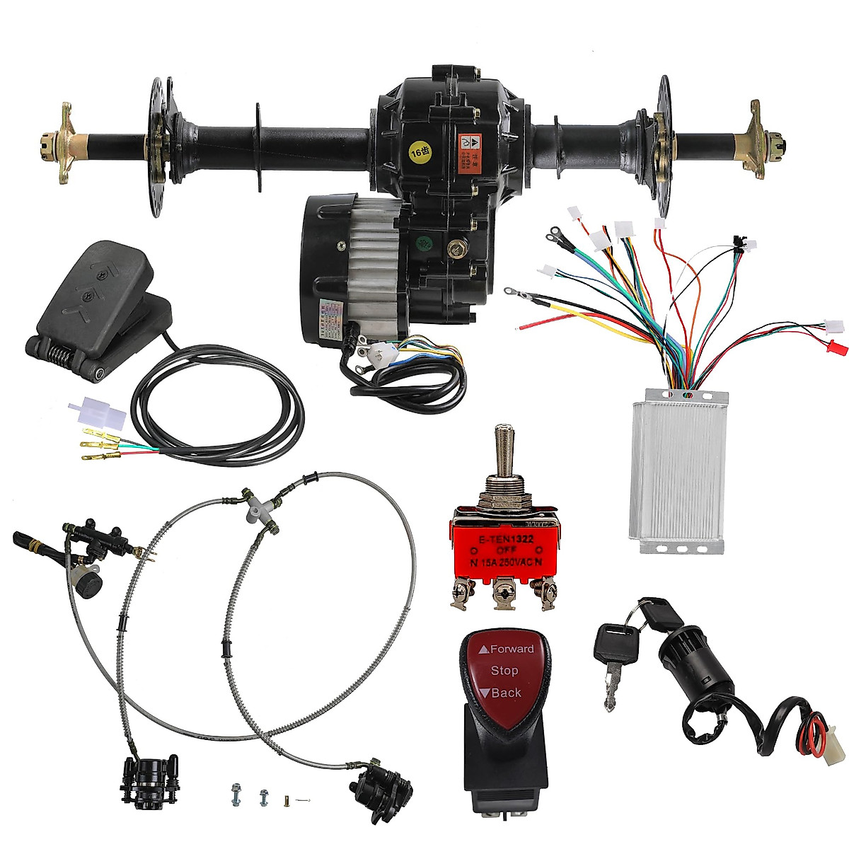 YC Yier Rear Axle Kit 48V 1000W Electric Motor Differential Gearbox Speed Controller Foot Pedal Hydraulic Brake Assembly DIY Parts For Go Kart Golf Cart ATV Quad Buggy Drift Trike Tricycle (40" Axle)