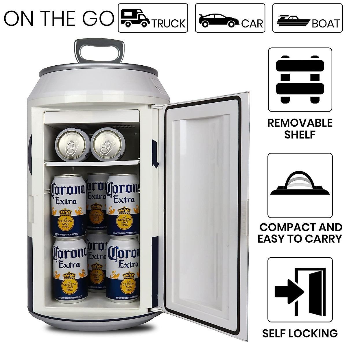 Koolatron Corona 12 Can Portable Mini Fridge w/ 12V DC and 110V AC Cords, 10L (10.6 qt) Beer-Can Shaped Personal Cooler, White, Travel Fridge for Drinks, Snacks, Lunch, Home, Office, Dorm Room, RV