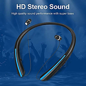 Bluetooth Headphones, Wireless Earbuds Retractable Neckband Headset Stereo Sweat-Proof Sports Earphones with Mic Fits iPhone 12/11/X/8, Android and Other Bluetooth Enabled Devices (Black Blue)
