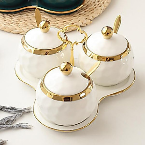 Foraineam Porcelain Condiment Pot Sugar Bowl Spice Jars with Lid, Spoon and Tray, Salt Container Spice Box Seasoning Pots, White Sugar Salt Bowls Set for Kitchen, Restaurant, Coffee Bar, Set of 3