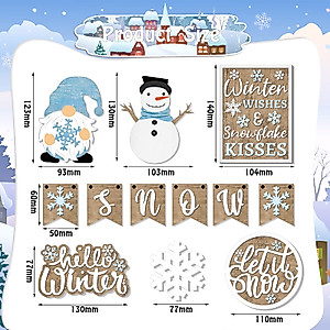 Qunclay Christmas Winter Tiered Tray Decor Wooden Signs Snowman Snowflake Wood Blocks Winter Farm Directional Sign Rustic Tabletop Signs Farmhouse Tiered Tray Decorations(Snowman Style, 12 Pcs)