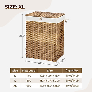 GREENSTELL Laundry Hamper with Lid, 90L Clothes Hamper with 2 Removable Liner Bags & 2 Mesh Laundry Bags, Handwoven Synthetic Rattan Laundry Basket for Clothes, Toys in Bathroom, Bedroom Natural