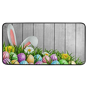 Kitchen Rugs Runner Easter Bunny Ears Flowers Wood Doormat Bath Rugs Non Slip Area Rugs for Bathroom Kitchen Indoor 39" X 20"