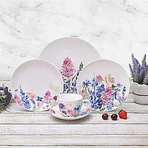 STP Porcelain J-217520 Dinnerware Set for 4, Lavender Fields, Bone China Porcelain, Dinner Plates, Bowls, Dessert Plates, Cups with Saucer, 20 pcs