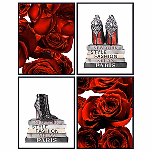 Designer Wall Art & Decor - Glam Living room Wall Decor - High Fashion Wall Decor - Glamour Wall Art - Luxury Wall Decor - Bedroom Decor for Women Girls Teens - Luxury Gifts - Red Roses Books Shoes