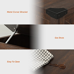 WAMPAT Modern Farmhouse Coffee Table, Square Wood Center Table with Gas Struts Lift-Top for Extra Large Hidden Storage, Metal Bracket Corner, Z-Shaped, Rustic Brown