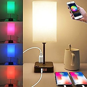cozoo Bluetooth/WiFi RGB & USB Bedside Table Lamp with 3 USB Charging Ports and 2 Outlets Power Strip, LED Light Bulb Dimmable, Music Sync RGB Color Changing Light for Party Home/Bedroom/Living Room