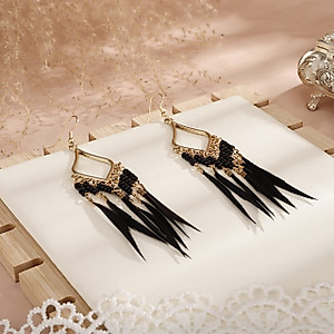 YERTTER Gold Long Dangle Bohemian Black Fake Feather Tassel Dangle Beads Earrings Halloween Tassel Earrings Light Feather Vintage Hook Ear Accessories Gift for Women Girls （Style 1）