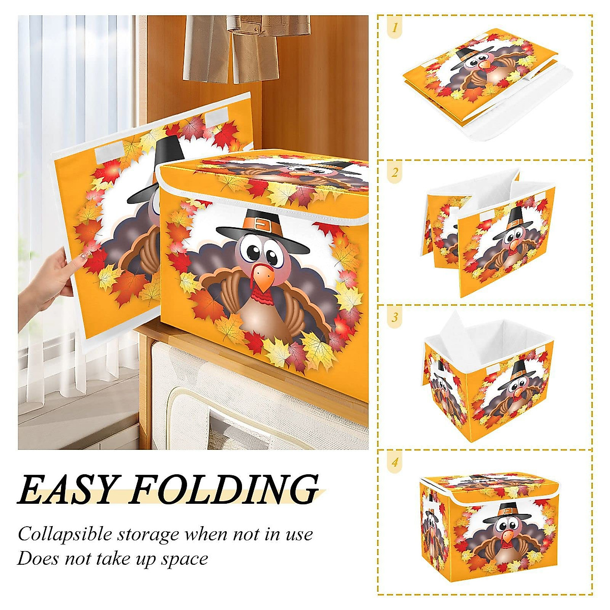 Krafig Thanksgiving Turkey Decorative Storage Box with Lid Large Bins Baskets Collapsible Cube Organizer Foldable Containers for Organizing, Toy, Playroom, Shelf, Closet