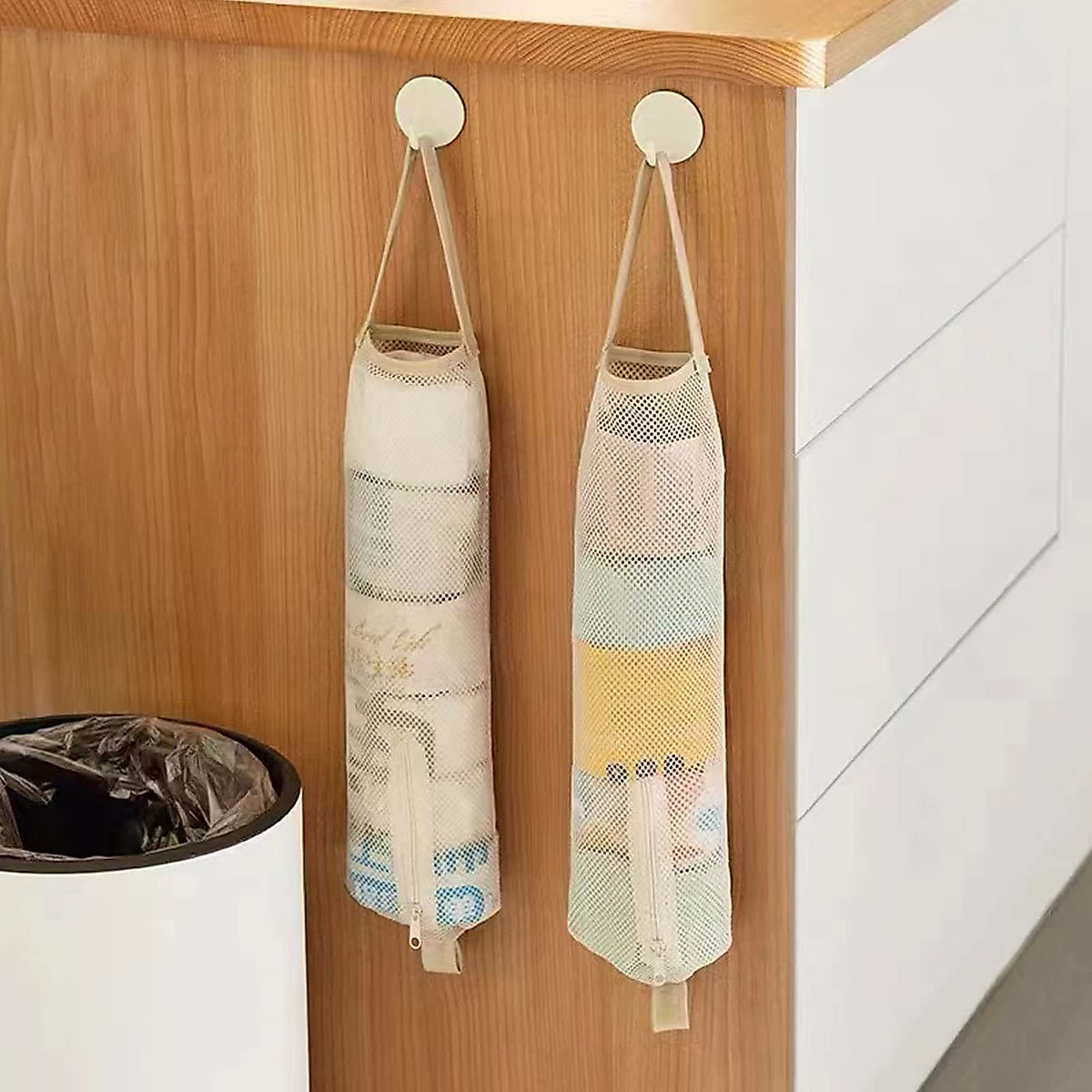 3PCS Trash Bags Storage Organizer Mesh Grocery Bag Dispenser Wall Mount Garbage Bag Storage Holder for Home Kitchen (White)