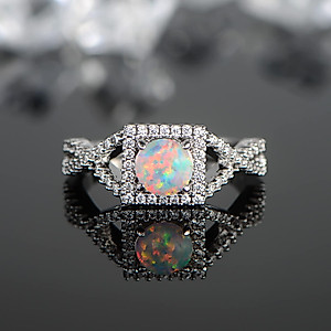 Gemsme 18K White Gold Plated Square White Fire Opal Ring Halo Engagement Birthstone Rings for Women (8)