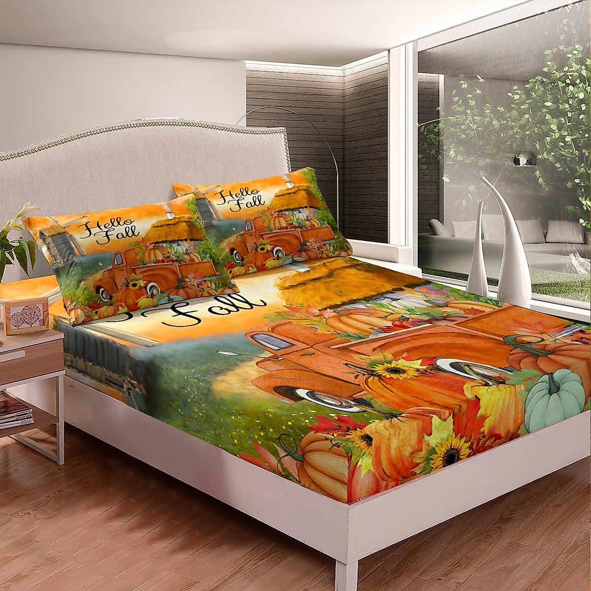 Erosebridal Hello Fall Comforter Set Rustic Farm Maple Leaf Pumpkin Sunflower Sheet Set Full Size Autumn Harvest Fitted Sheet Fall Season Flat Sheet Happy Fall Y'all Sheets Thanksgiving Day Gifts