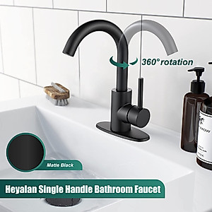 Heyalan RV Bathroom Sink Faucet,Bar Faucets Single Hole,RV Kitchen Restroom Campers Tap with Deck Plate & Drain Stainless Steel 360 Degree Rotation Spout,Matte Black,Circular Handle