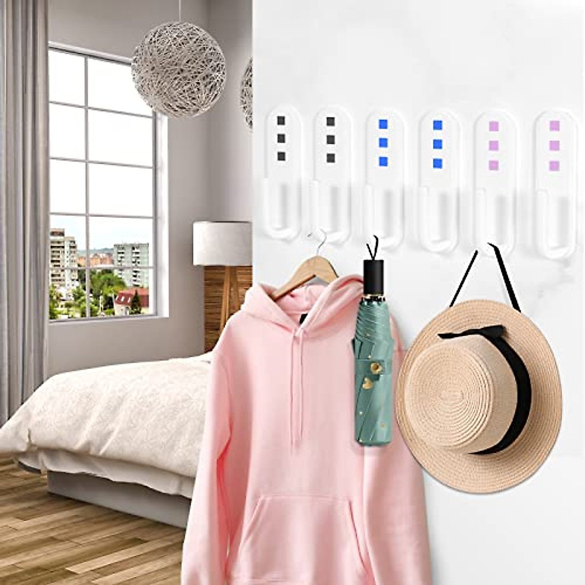 Budding Joy Wall Hooks 6 Pack, Plastic Self Adhesive Hooks for Hanging, 3M Wall Hanger Sticky Hooks, Shower Towel Hook for Bathroom Kitchen Door Home