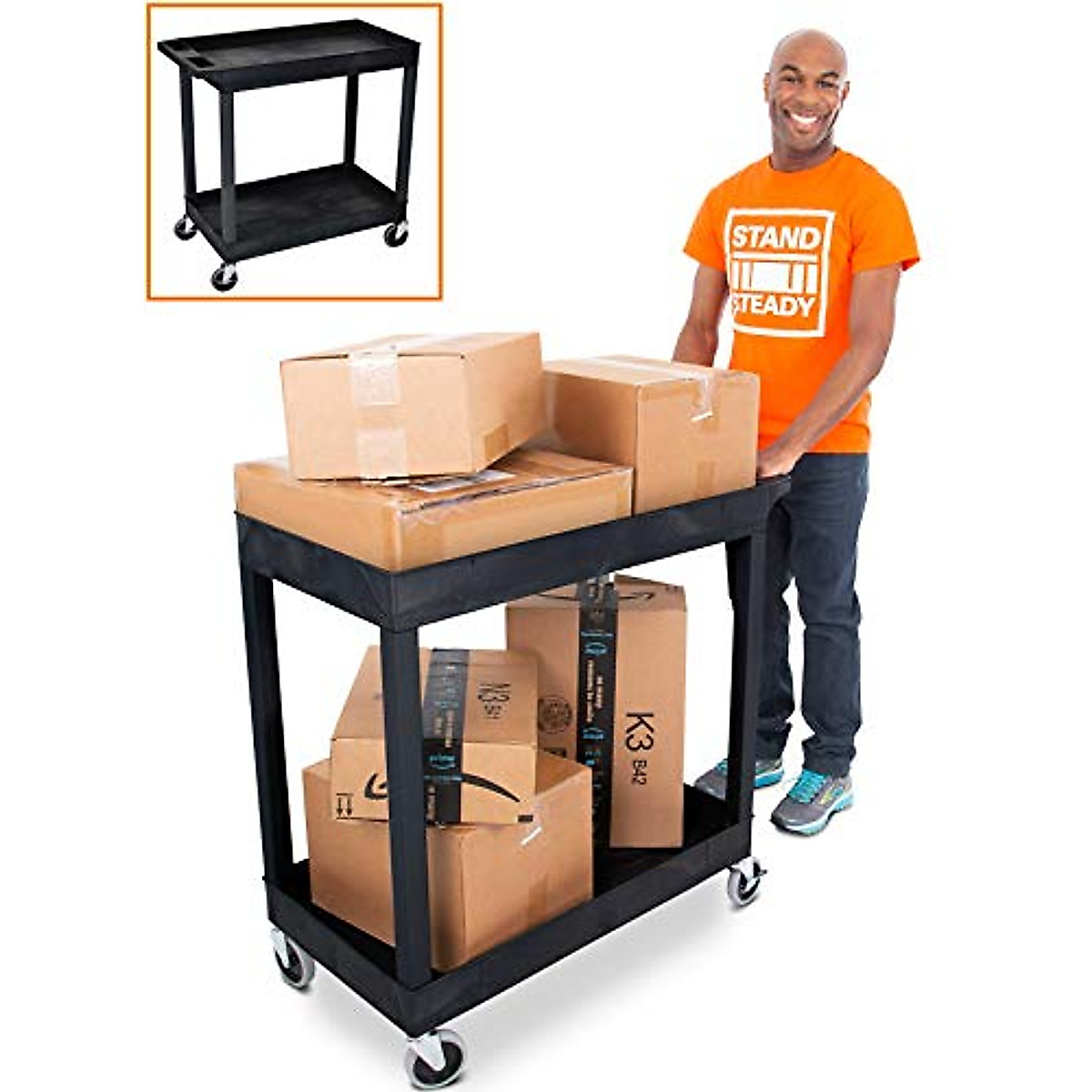 Stand Steady Original Tubstr 2 Shelf Utility Cart/Service Cart - Heavy Duty - Supports up to 400 lbs - Tub Carts w/Deep Shelves - Great for Warehouse, Garage, Cleaning and More! (32 x 18 / Black)