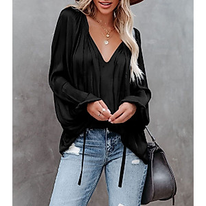 LAMISSCHE Womens Sexy Deep V Neck Blouse Lantern Long Sleeve Chiffon Shirt Oversized Drawstring Silk Satin Tunic(Black,L)