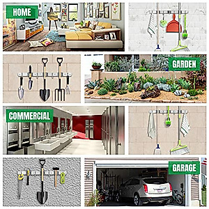 Broom Mop Holder Wall Mount 16" Installation Broom Mop Hanger Organizer Stainless Steel 3 Racks 4 Hooks for Bathroom Kitchen Office Closet Garden