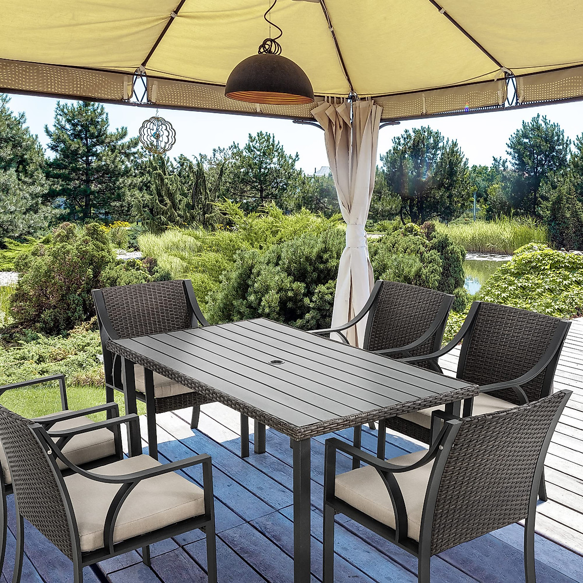 HAPPATIO 7 Piece Patio Dining Set,Wicker Outdoor Dining Set,Outdoor Patio Dining Set.Wicker Rattan Patio Dining Furniture Set with Umbrella Hole. Outdoor Dining Set for 6.(Beige Cushion)