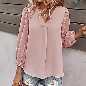 Wondere Summer Solid Color Tops Womens Chiffon Tunic V Neck Shirt Long Sleeve Tees Casual Polka Dot Blouse (XL, Pink)