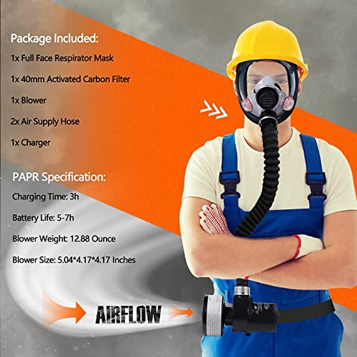 HANUU Reusable PAPR Respirator, Portable PAPR Respirator System with 40mm Activated Carbon Filter, Powered Air Purifying Respirator, Gas Mask for Gases, Dust, Vapors, Chemicals, Paint, Spray
