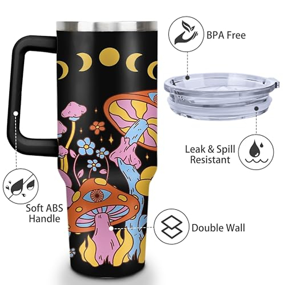 thmasamwr Mushroom Tumbler with Lid and Straw, Stainless Steel Mushroom 40oz Tumbler with Handle, Black Mushroom Travel Coffee Mug Mushroom Gifts Cups for Women and Men
