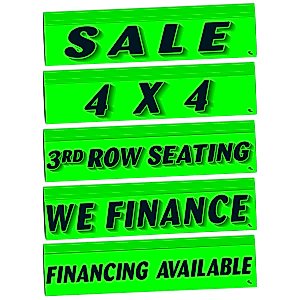 Versa Tags Windshield Slogan Stickers 12 Pack Each of Sale, 4X4, 3RD Row Seating, WE Finance, FINANCING Available (60) Window Stickers Total Dealership Stickers Black On Green