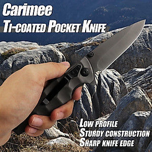 Carimee Pocket Knife 3.3", Solid D2 Steel Blade, Heavy Thick FineCNC machianed Handle, Fully Ti-coated,premium EDC Gifts