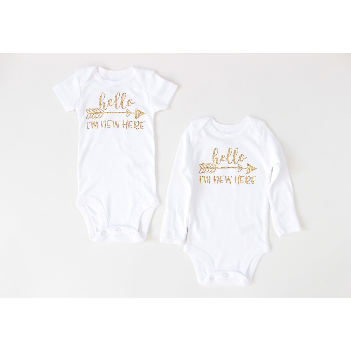 LilPinkGoose Newborn Baby Girl Coming Home Outfit Hello I am New here Bodysuits 3pcs (Newborn, Peach Long Sleeve)