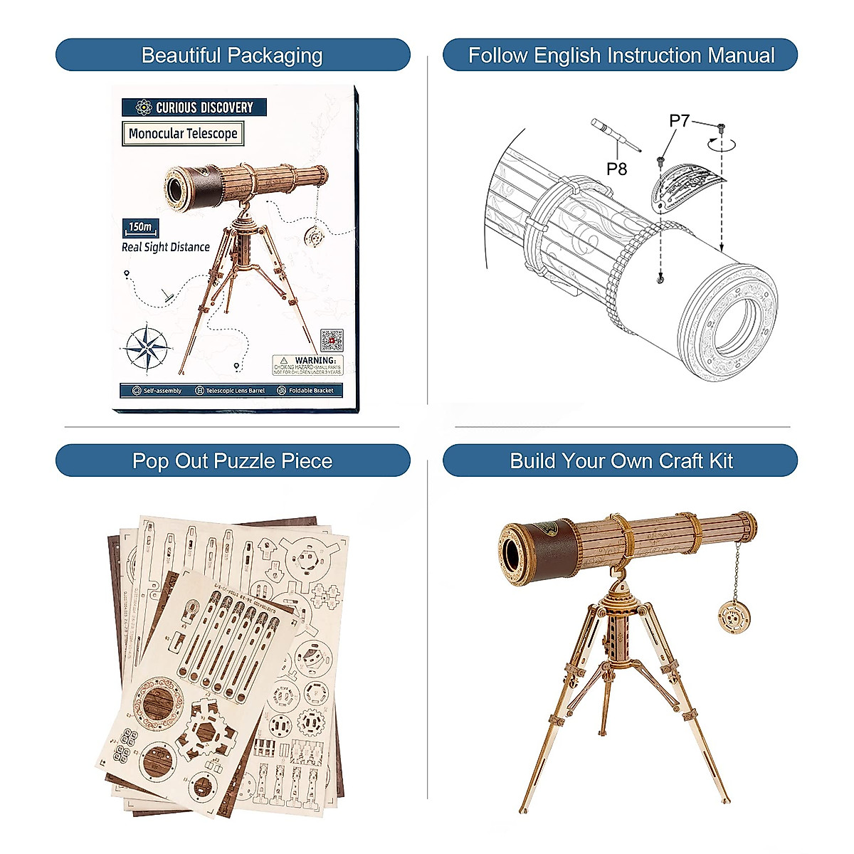 Rowood Telescope 3D Puzzles for Adults, DIY Wooden Model Building Kit, Christmas Birthday Gift for Kids Teens