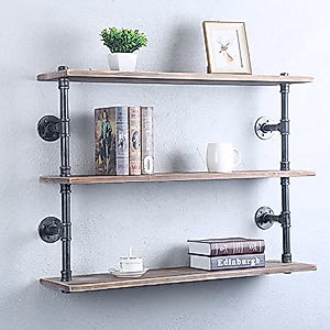 JIANZHUO Industrial Pipe Shelf Real Wood Floating Shelves,Rustic 3 Tier Wall Shelf Bar Pipe Shelving,Steampunk Pipe Shelves Wall Mounted,Metal Bookshelf Kitchen Wall Shelves(36in)