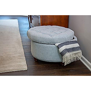 Homepop Home Decor | Large Button Tufted Woven Round Storage Ottoman | Ottoman with Storage for Living Room & Bedroom (Light Blue)