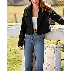 BTFBM 2023 Women's Fashion Fuzzy Fleece Short Jacket Fall Winter Lapel Button Down Outerwear Long Sleeve Faux Fur Coat(Solid Black, Medium)