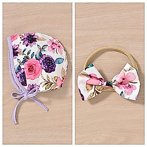 Unutiylo Baby Girl Clothes Newborn Suspender Outfit Purple Floral Romper Long Sleeve Dress Ruffle Jumpsuit with Headband Hat