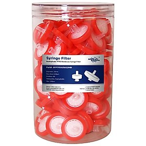 Membrane Solutions 100 PCs Filter PTFE Hydrophobic Membrane, 0.22um Pore Size 25mm Disc Diameter, HPLC and GC Filter, Non Sterile, High Throughput Lab Filtration Barreled Packed