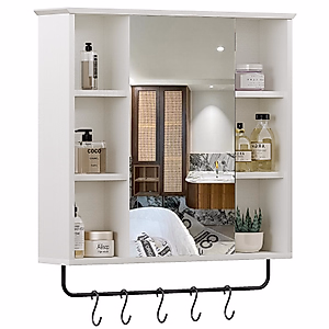 ChooChoo Medicine Cabinet with Mirror, Wall Mounted Bathroom Storage Cabinet with Mirror Door, Removable Shelves and 6 Open Shelves, Vintage White