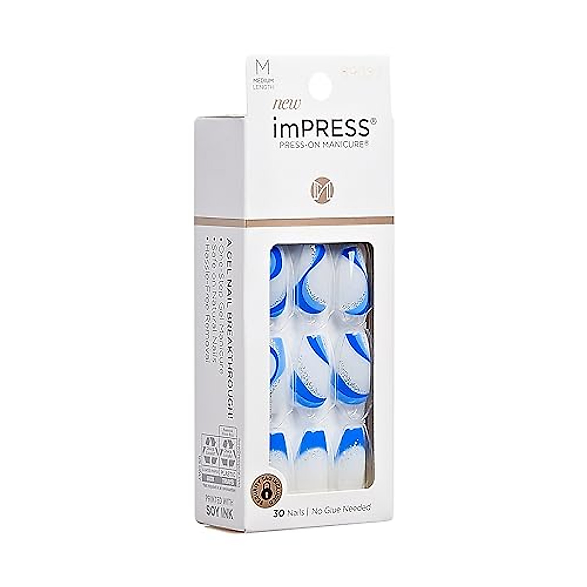 KISS imPRESS Press-On Manicure Fake Nails, Medium Coffin, Mesmerize, Blue, Comfortable, Super Hold Adhesive, No Glue/Polish, Chip Proof, No Dry Time, Smudge Proof, Waterproof | 30 Count