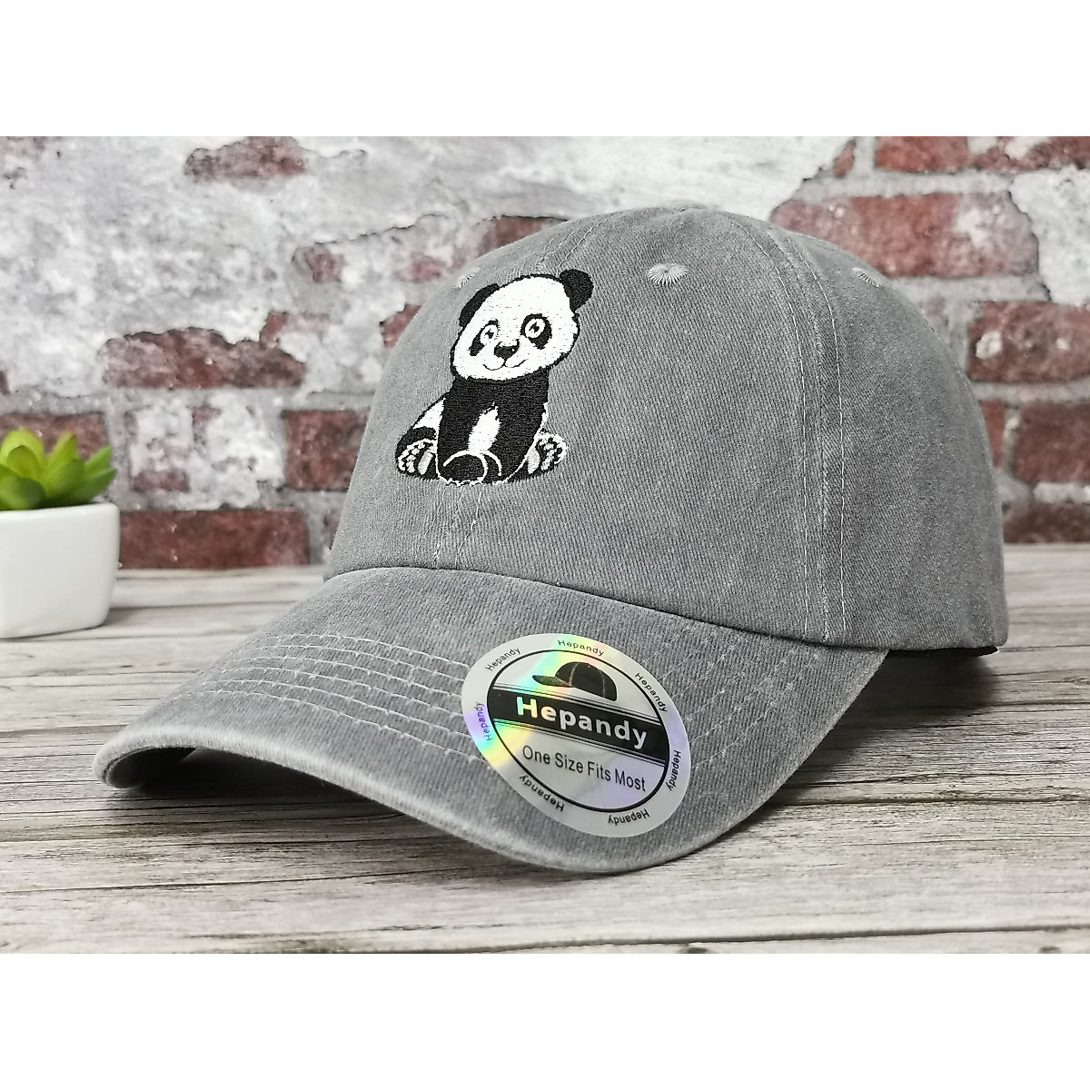 Hepandy Embroidered Panda Bear Baseball Hat for Men Women Kids, Washed Grey Embroidery Snapback Cap Trucker Hat Adjustable Dad Hats