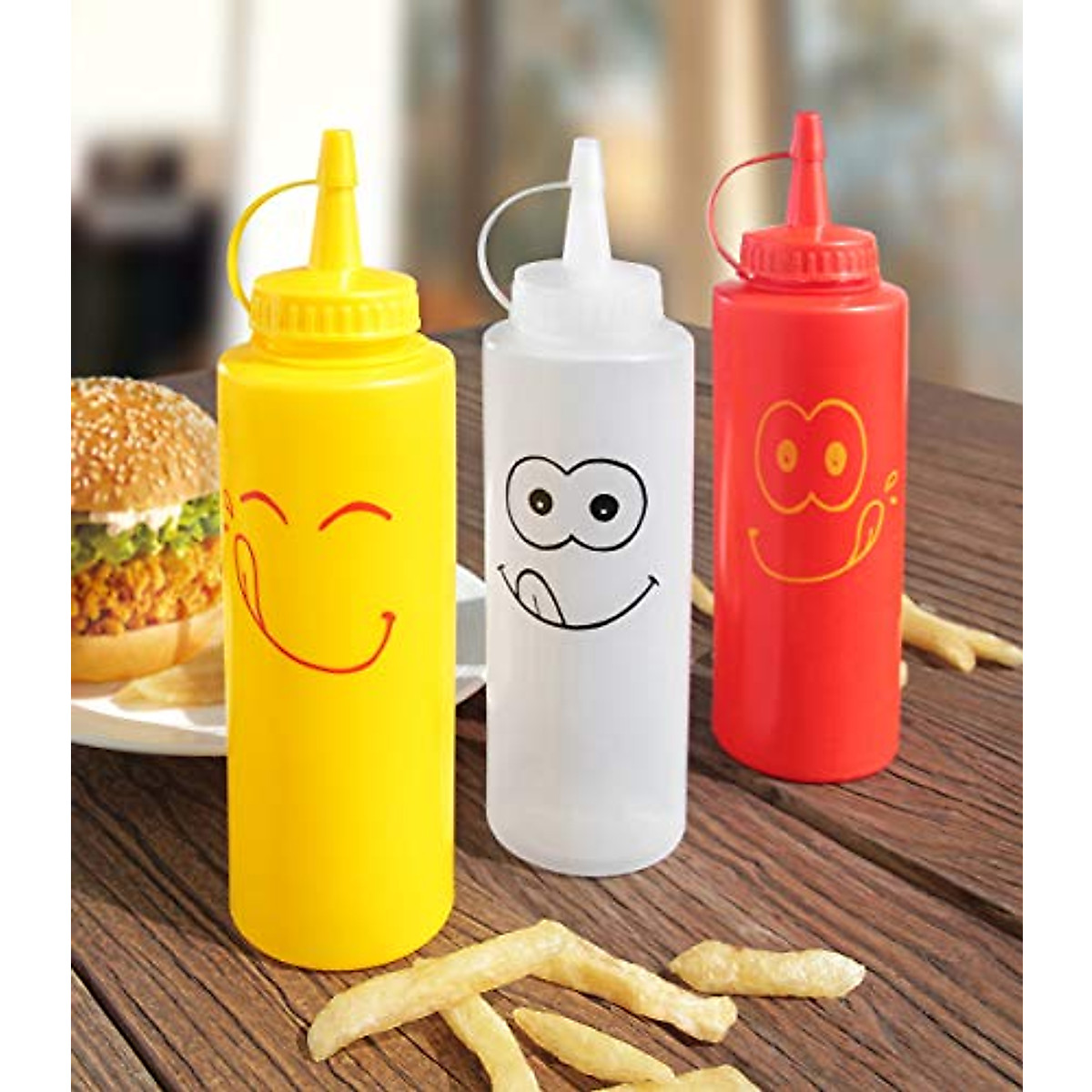New Star Foodservice 533906 Smiley Faces Squeeze Bottle Set, Plastic, Red, Yellow, and Clear, 12 oz