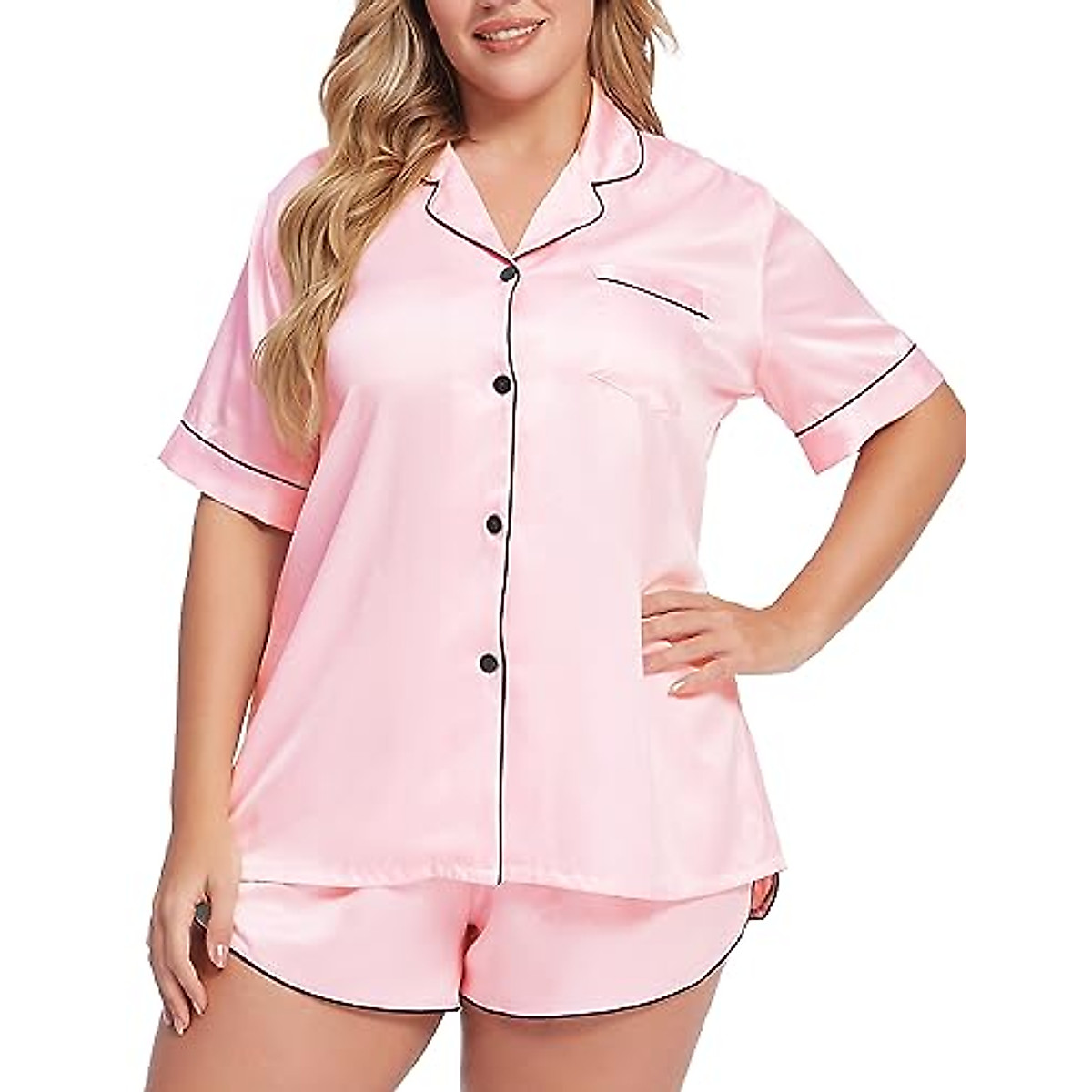 SWOMOG Women's Satin Plus Size Pajamas Silk Short Sleeve Pjs Sets Button Down Silk Sleepwear 2 Piece Bridal Pjs Loose Outfits Pink