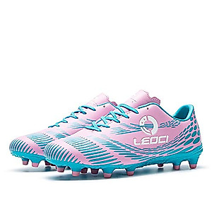LEOCI Men's Women's Firm Ground Soccer Cleats Outdoor/Indoor Boys Girls Professional Futsal Football Training Sneakers (8 M US Women/6.5 M US Men, Pink)