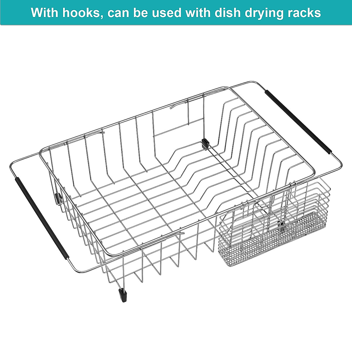 iPEGTOP Utensil Drying Rack Basket Holder for Kitchen Counter, Hanging Standing Cutlery Silverware Flatware Organizer with Hooks for Spatula Spoon, Rustproof 304 Stainless Steel