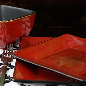 Elama Stoneware Square Dinnerware Dish Set, 16 Piece, Solid Red