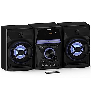 Magnavox MM441 3-Piece CD Shelf System with Digital PLL FM Stereo Radio, Bluetooth Wireless Technology, and Remote Control in Black | Blue Colored Speaker Lights | LED Display | AUX Port Compatible |