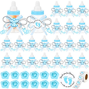 Vesici 61 Pcs Boy Baby Shower Party Favors Set, 48 Plastic Mini Angel Baby Bottles with 1 Roll Thanks Sticker 12 Artificial Roses for Newborn Baptism Baby Shower Party Decorations Gift for Guests
