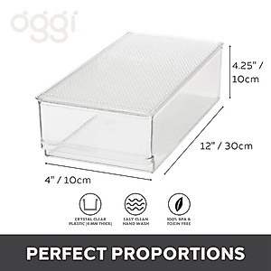 Oggi Clear Stackable Storage Bin with Lid - Ideal for Kitchen, Pantry, Cabinet, Bathroom, Bedroom, Kids, Refrigerator, Freezer. With Handles - Organize Jars, Packets, Snacks, Pasta - 12x4x4